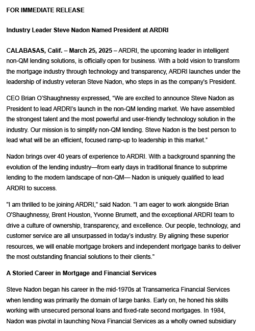 Industry Leader Steve Nadon Named President at ARDRI