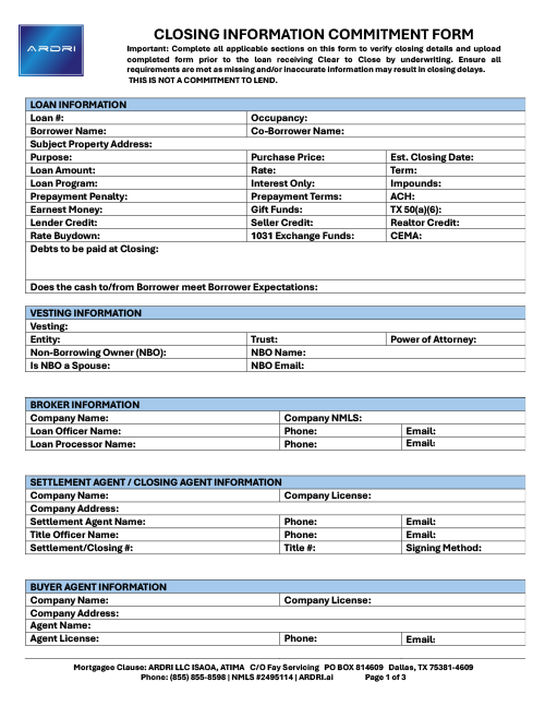 Closing Information Commitment Form